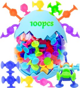 100pcs suction bath toys for baby kids, bath toy silicone construction building blocks montessori sensory toy for 3 4 5 6 7 8 years old toddlers boys girls with egg storage