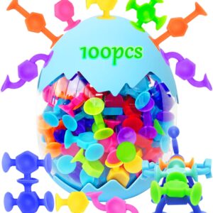 100pcs Suction Bath Toys for Baby Kids, Bath Toy Silicone Construction Building Blocks Montessori Sensory Toy for 3 4 5 6 7 8 Years Old Toddlers Boys Girls with Egg Storage