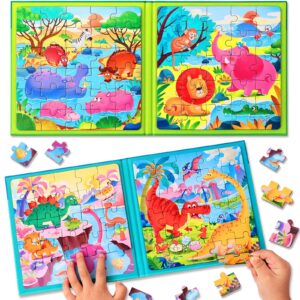 magnetic puzzles for kids ages 3-5, two-book set, dinosaur animal jigsaw puzzle magnet books travel games montessori preschool learning activities toddler toys for 3 4 5 6 year old boys girls