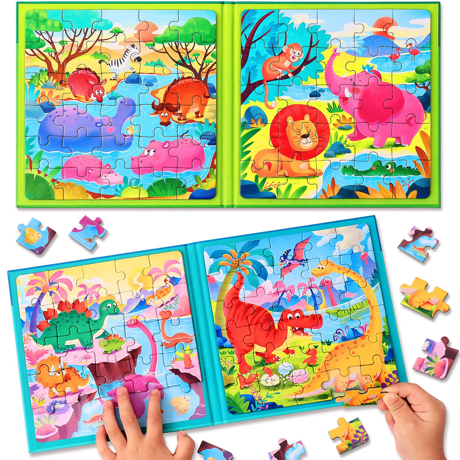 Magnetic Puzzles for Kids Ages 3-5, Two-Book Set, Dinosaur Animal Jigsaw Puzzle Magnet Books Travel Games Montessori Preschool Learning Activities Toddler Toys for 3 4 5 6 Year Old Boys Girls