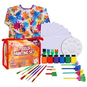 j mark toddler painting set – 38-piece set with art smock, 6 washable tempera paints, painting paper, brushes, sponges, painting tools and palette (colors)