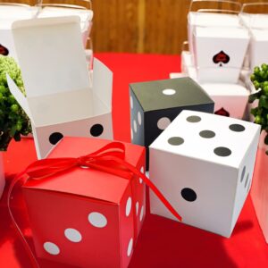 24 Pack Dice Favor Boxes 4x4x4 inches casino theme party decorations dice Boxes Bulk for centerpieces with Ribbon dice Game Night Party Decorations Casino Night Party Decoration , Black Red White