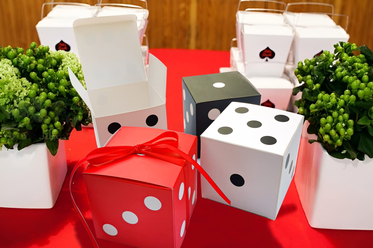 24 Pack Dice Favor Boxes 4x4x4 inches casino theme party decorations dice Boxes Bulk for centerpieces with Ribbon dice Game Night Party Decorations Casino Night Party Decoration , Black Red White