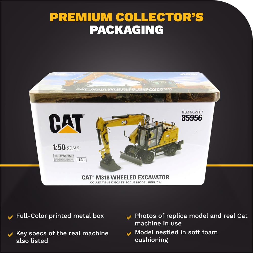 Diecast Masters 1:50 Scale Caterpillar M318 Wheeled Excavator | High Line Series Cat Trucks & Construction Equipment | 1:50 Scale Model Diecast Collectible Model 85956