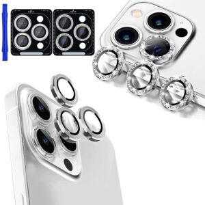 ferilinso [3+3 pack for iphone 14 pro & iphone 14 pro max camera lens protector accessories camera cover titanium alloy-space metal protection mounting base case friendly (silver/sparkle silver)