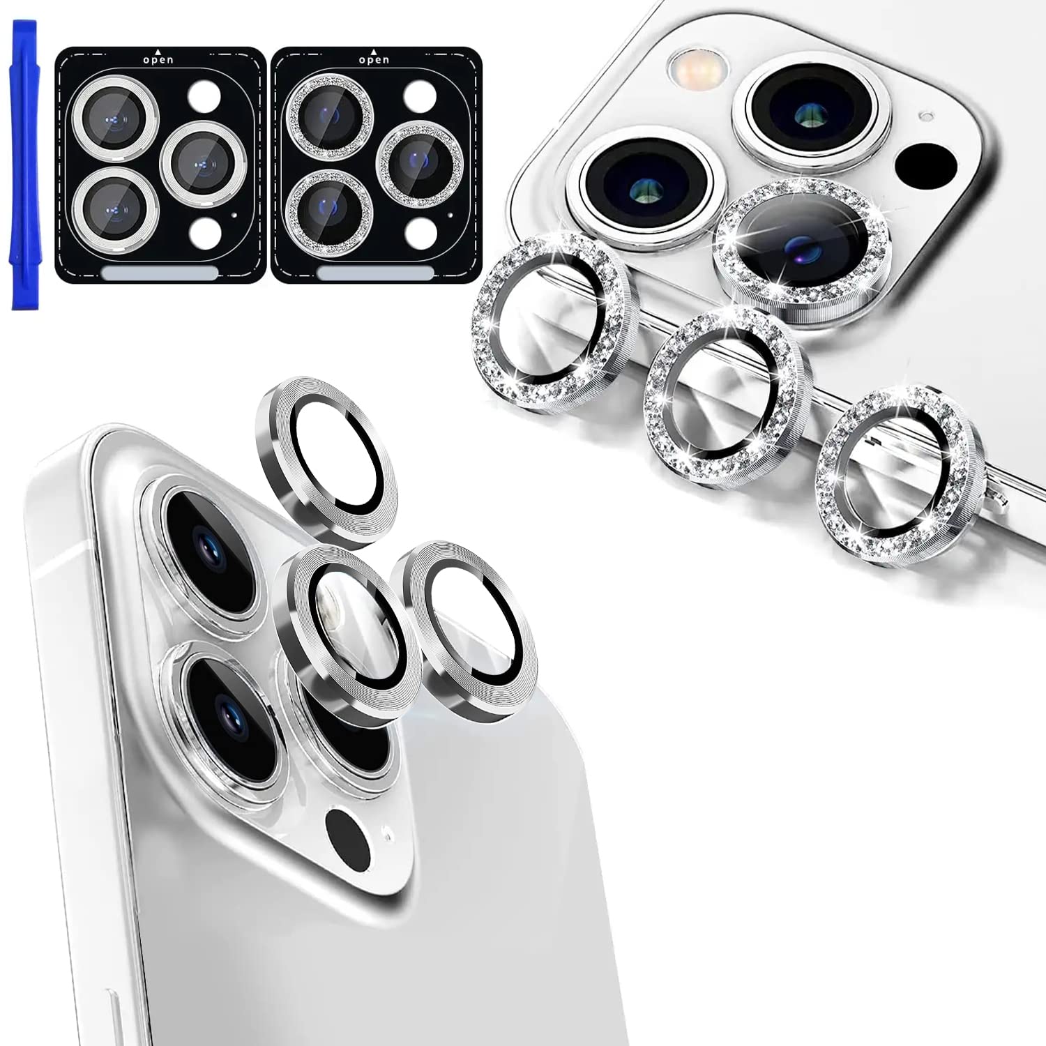 Ferilinso [3+3 Pack for iPhone 14 Pro & iPhone 14 Pro Max Camera Lens Protector Accessories Camera Cover Titanium Alloy-Space Metal Protection Mounting Base Case Friendly (Silver/Sparkle Silver)