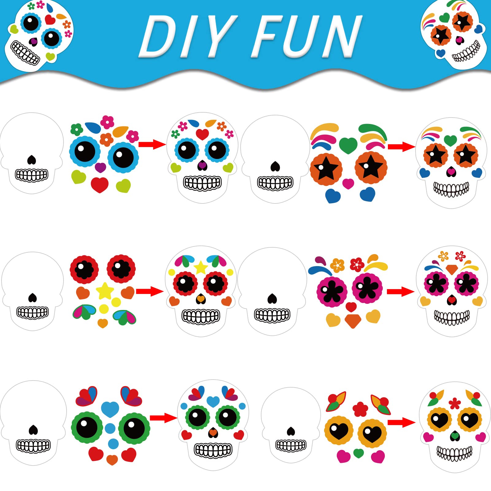 chiazllta 30 Pcs Sugar Skull Craft Kits Kids DIY Day of The Dead Craft, Kindergarten Art Craft Make Your Own Mexican Skull Set for Home Class Game Activities Preschoolers