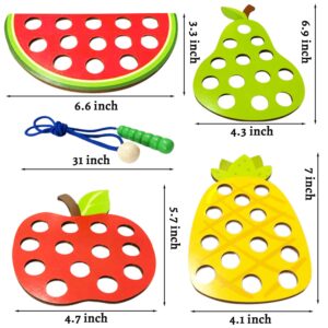 4 Pack Wooden Lacing Toy,Educational Threading Activity Puzzles,Learning Fine Motor Skill Travel Toy,Wooden Fruit Threading Set for Toddlers Kids 3 4 5 Year 1 Apple,1 Watermelon,1 Pineapple,1 Pear