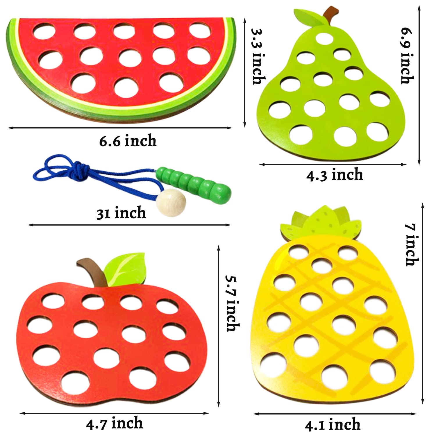 4 Pack Wooden Lacing Toy,Educational Threading Activity Puzzles,Learning Fine Motor Skill Travel Toy,Wooden Fruit Threading Set for Toddlers Kids 3 4 5 Year 1 Apple,1 Watermelon,1 Pineapple,1 Pear