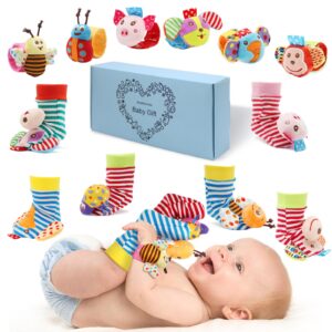 bloobloomax baby soft toy foot finder socks wrists rattles - ankle leg hand arm feet rattle toy set- newborn present for infant toddler boy girl 0 3 6 9 12 24 36 months