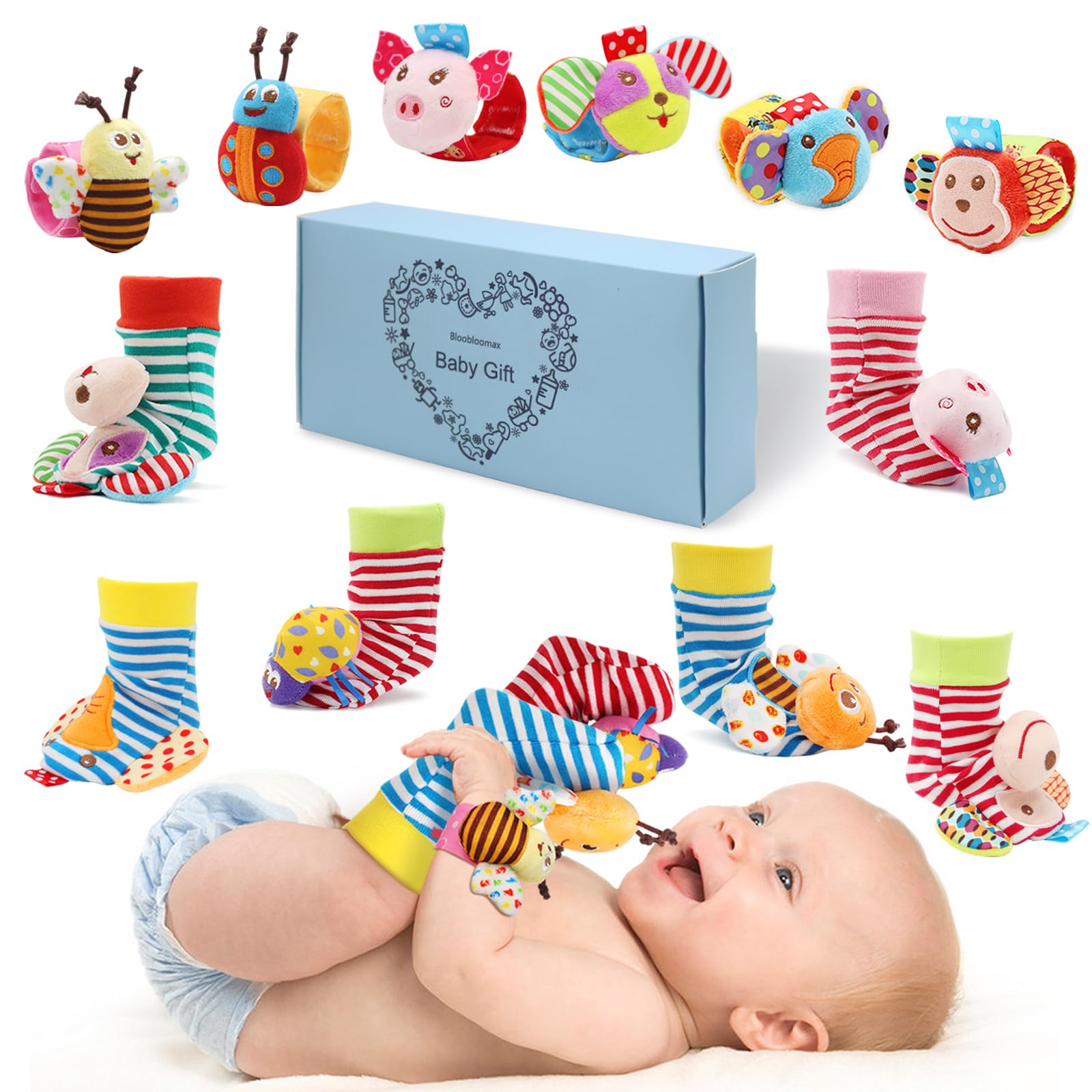 Bloobloomax Baby Soft Toy Foot Finder Socks Wrists Rattles - Ankle Leg Hand Arm Feet Rattle Toy Set- Newborn Present for Infant Toddler Boy Girl 0 3 6 9 12 24 36 Months