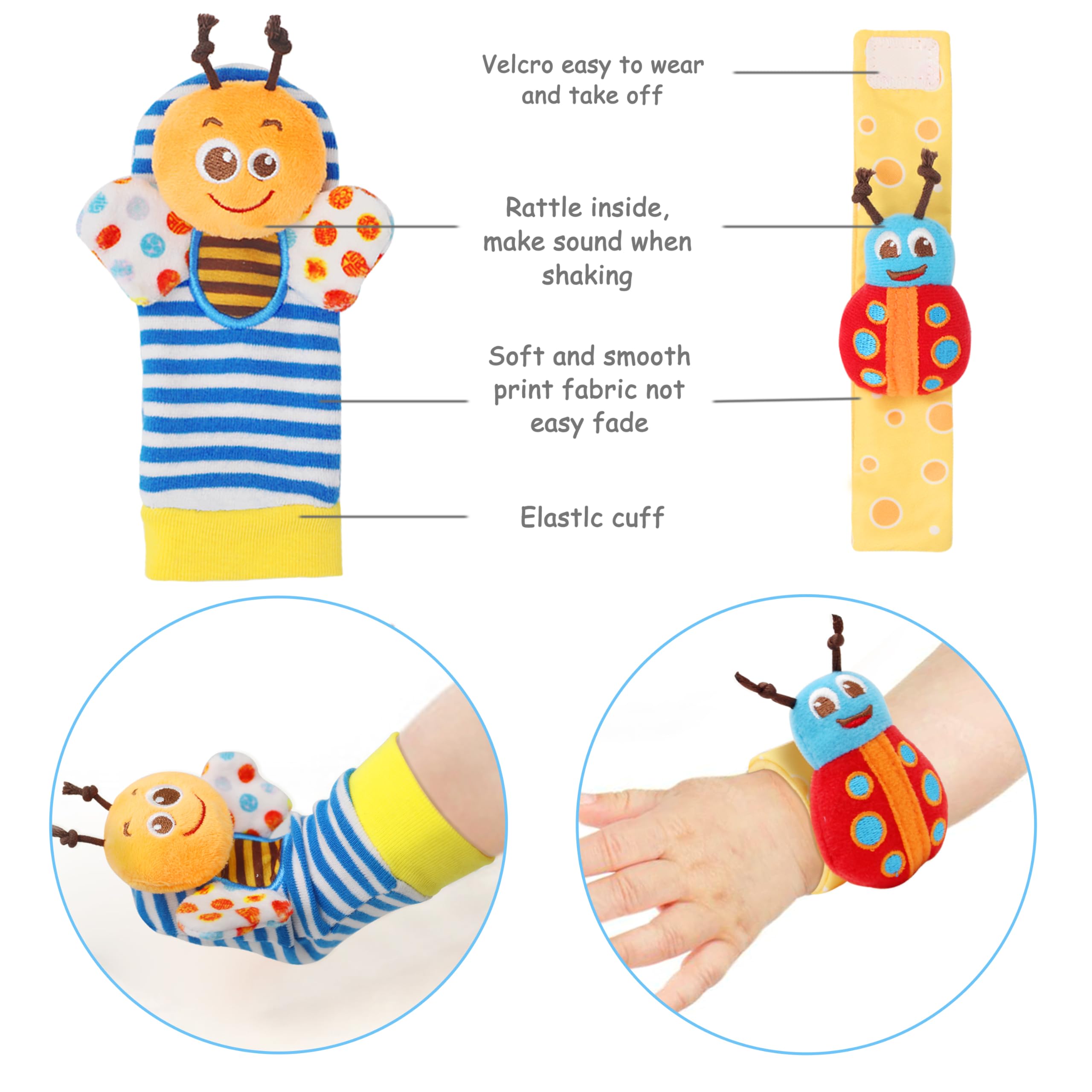 Bloobloomax Baby Soft Toy Foot Finder Socks Wrists Rattles - Ankle Leg Hand Arm Feet Rattle Toy Set- Newborn Present for Infant Toddler Boy Girl 0 3 6 9 12 24 36 Months