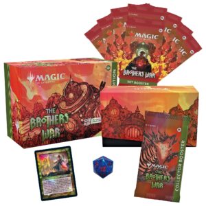 magic the gathering the brothers war gift bundle | foil transformers card, 1 collector booster, 8 set boosters, and accessories