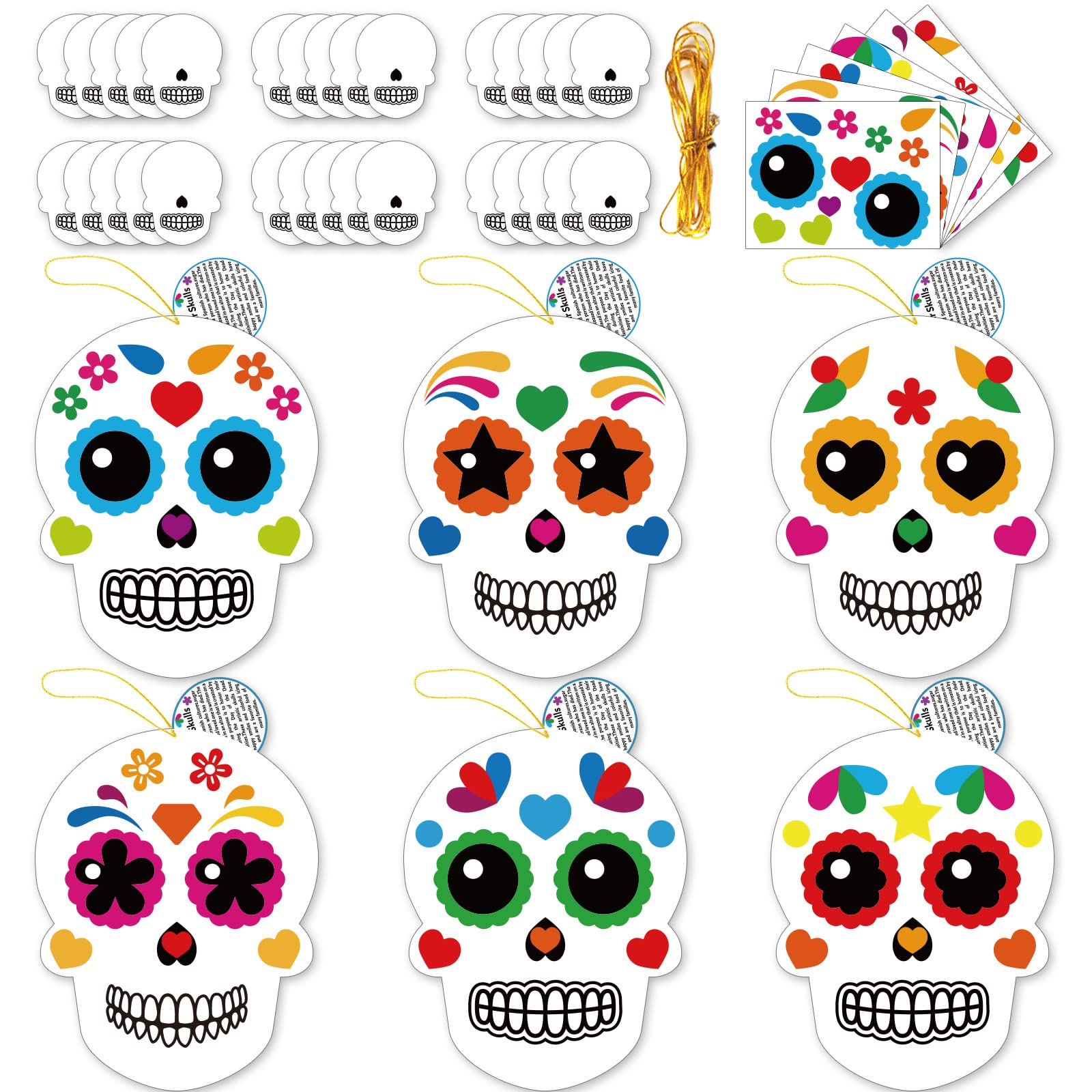 chiazllta 30 Pcs Sugar Skull Craft Kits Kids DIY Day of The Dead Craft, Kindergarten Art Craft Make Your Own Mexican Skull Set for Home Class Game Activities Preschoolers