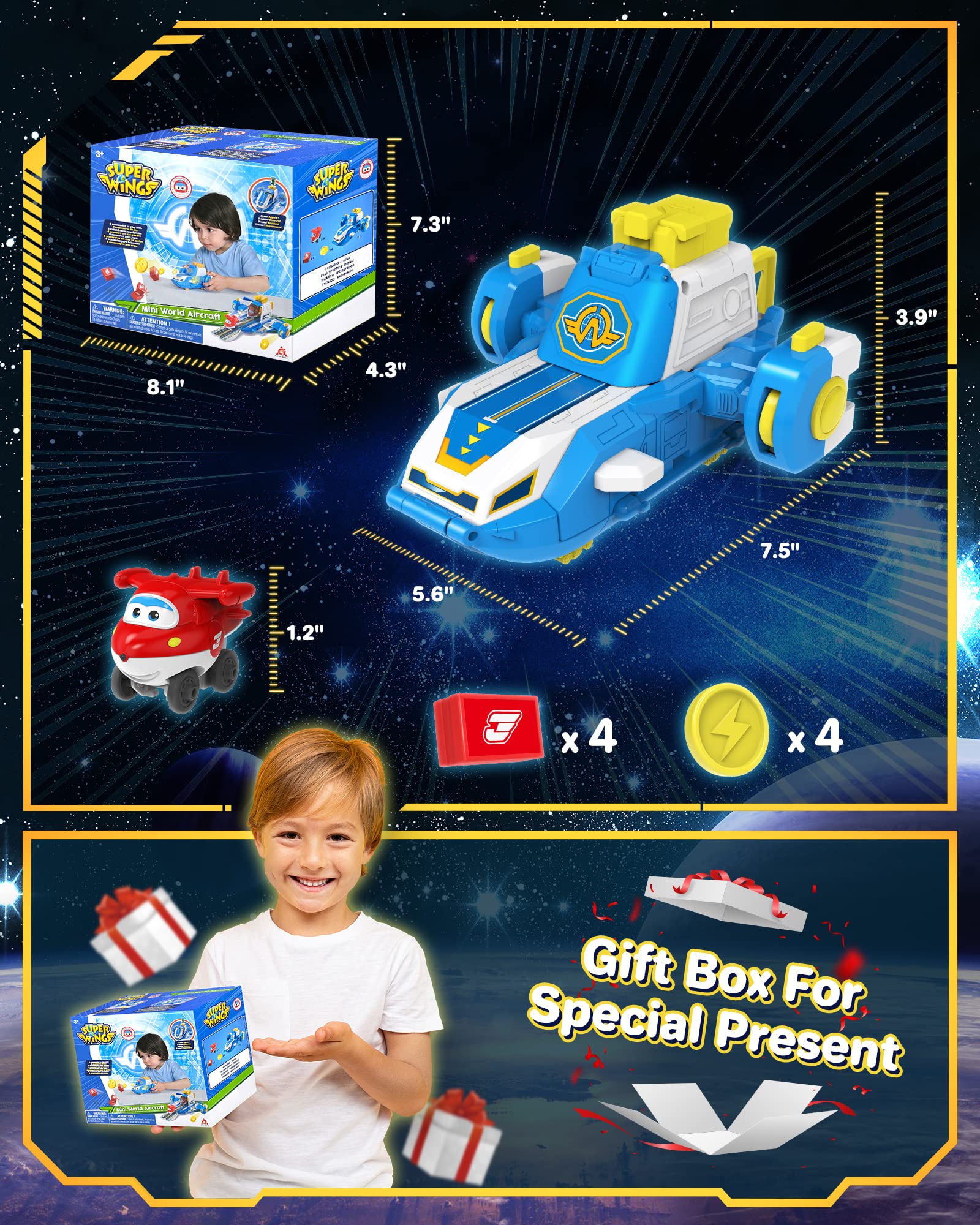 Super Wings Mini World Aircraft Playset, Includes 2" Transform-a-Bot Jett and Gold Coins & Parcels, Preschool Educational Learning Toys for Age 3+, Birthday Gifts for Kids