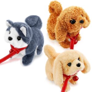 3 pcs plush dog toys for kids, electronic interactive pet dog, real dog, stuffed toy dogs that walk and bark tail wagging, realistic puppy electric walking animals electronic pets for little teen gift