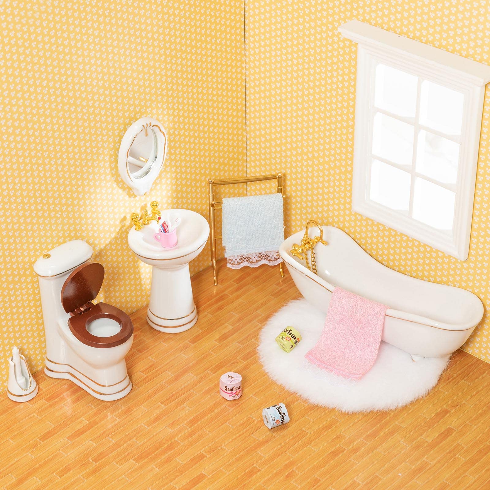 SAMCAMI Ceramic Dollhouse Furniture 1 12 Scale - Doll House Furniture Toys for Dollhouse Bathroom - Miniature Furniture Incl Toilet, Bathtub, Washbasin, Fluffy Carpet and Other Dollhouse Accessories