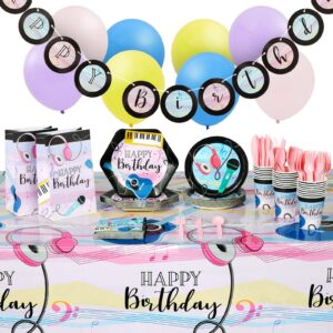 sparkle and bash 207 pieces music birthday party supplies with plates, napkins, cups, tablecloth, cutlery, banner, favor bags, balloons (serves 24)