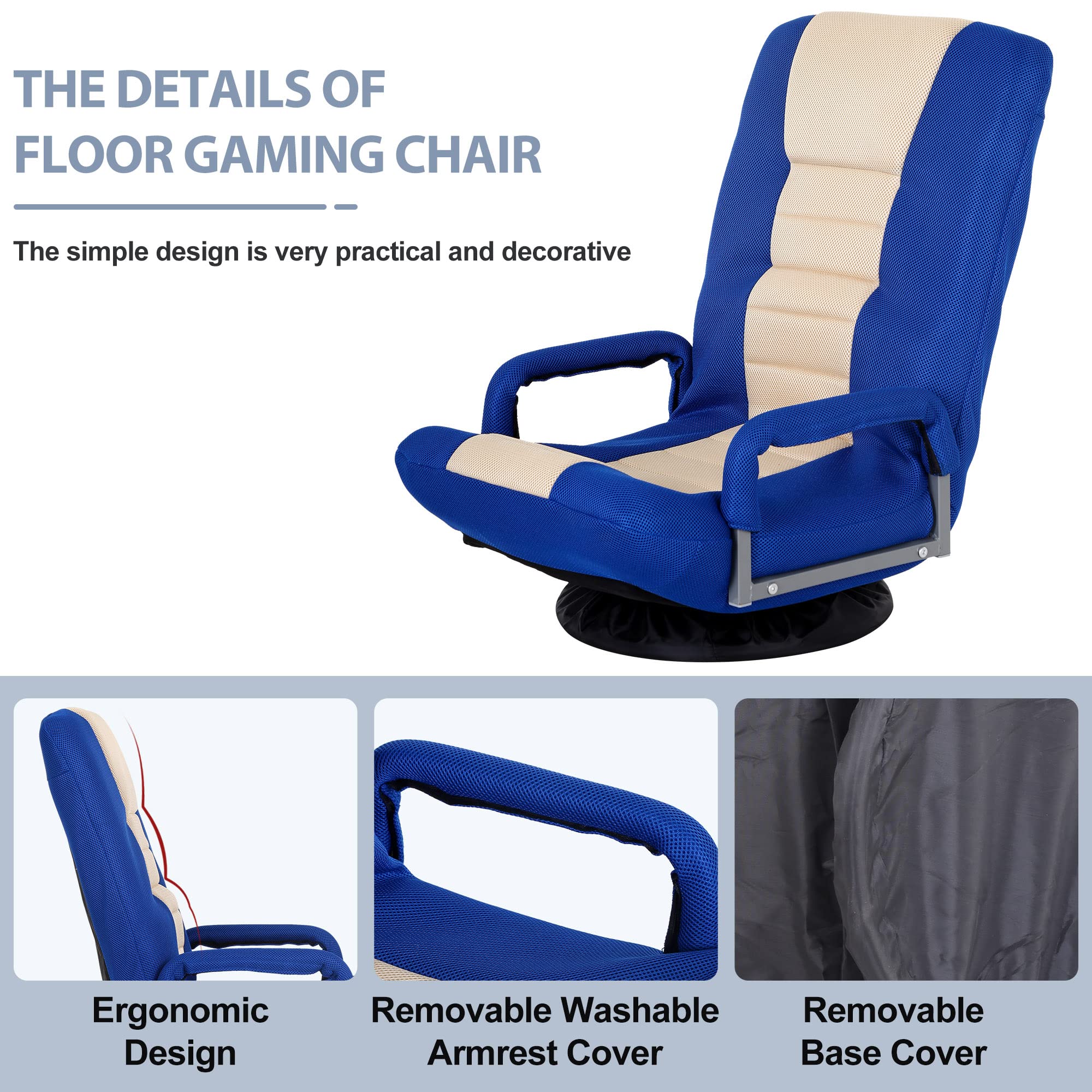 360° Swivel Gaming Floor Chair w/ Arms Support & 5 Positions Adjustable Backrest, Foldable Lazy Sofa Chair Comfortable Mesh Fabrics Floor Chair Multipurpose Sofa Lounger for Meditation Reading (Blue)