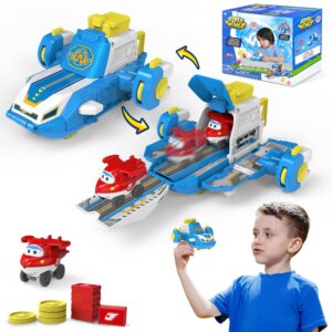 super wings mini world aircraft playset, includes 2" transform-a-bot jett and gold coins & parcels, preschool educational learning toys for age 3+, birthday gifts for kids