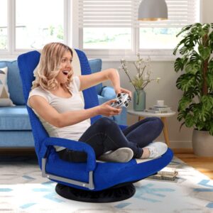 360° Swivel Gaming Floor Chair w/ Arms Support & 5 Positions Adjustable Backrest, Foldable Lazy Sofa Chair Comfortable Mesh Fabrics Floor Chair Multipurpose Sofa Lounger for Meditation Reading (Blue)