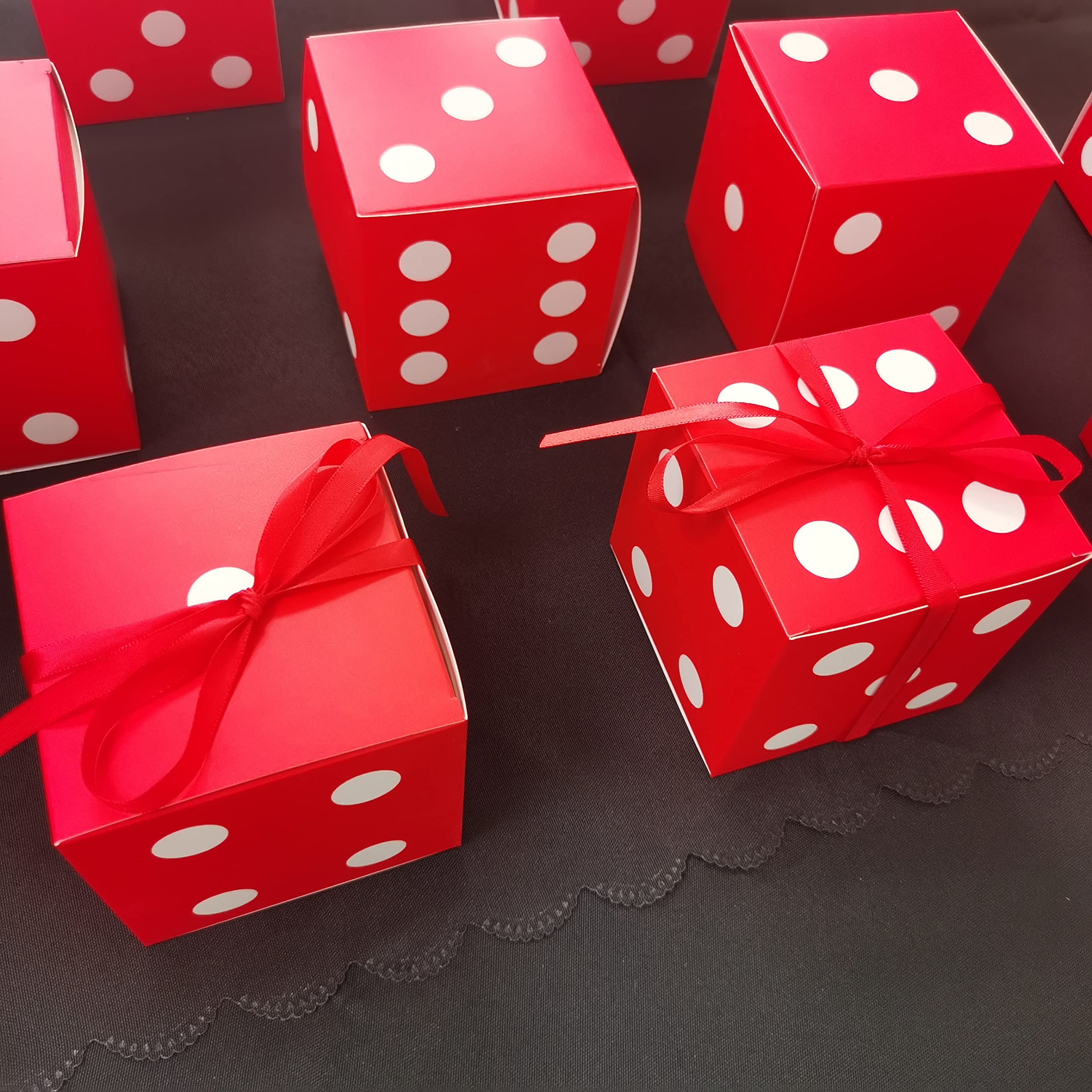 24 Pack Dice Favor Boxes 4x4x4 inches casino theme party decorations dice Boxes Bulk for centerpieces with Ribbon dice Game Night Party Decorations Casino Night Party Decoration , Black Red White