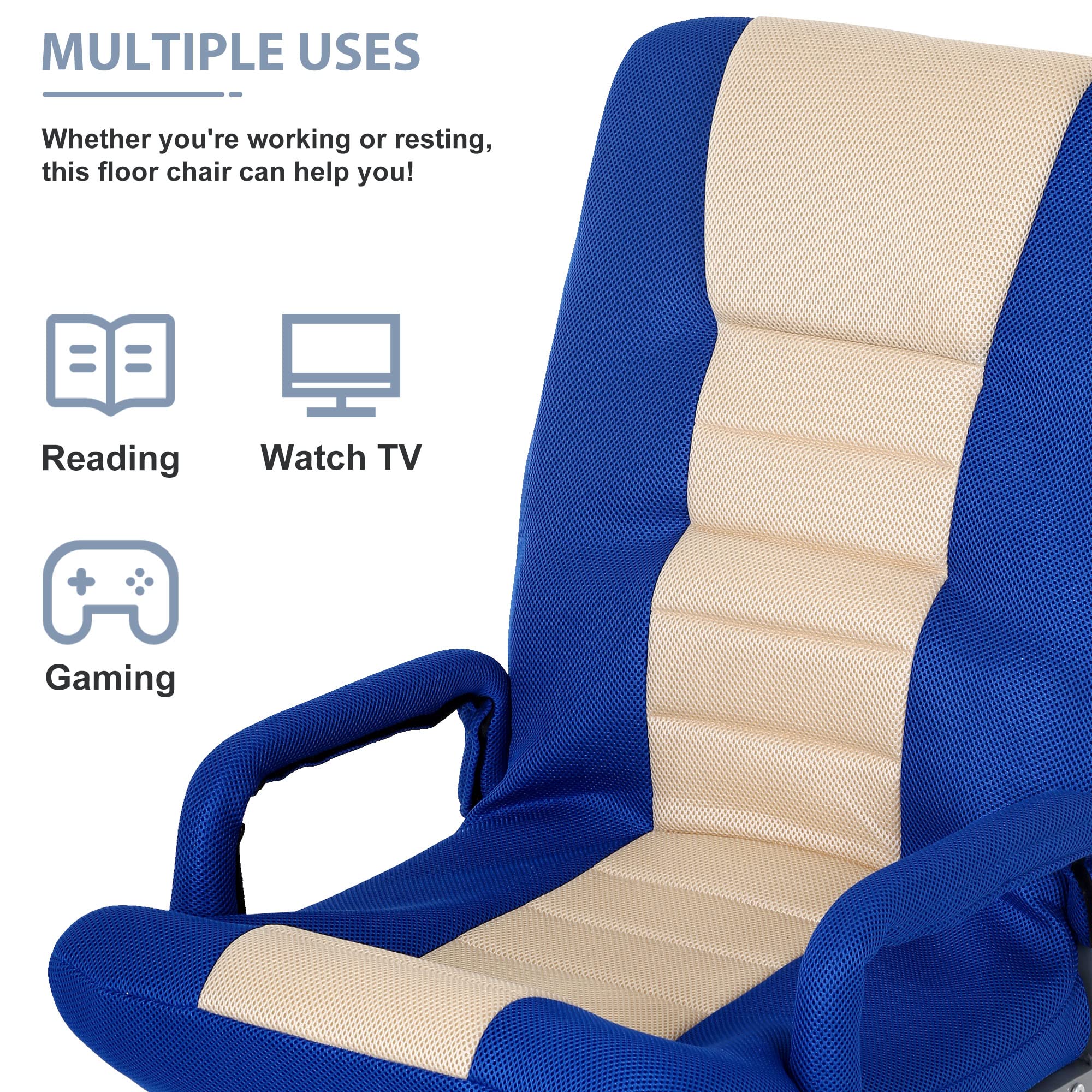 360° Swivel Gaming Floor Chair w/ Arms Support & 5 Positions Adjustable Backrest, Foldable Lazy Sofa Chair Comfortable Mesh Fabrics Floor Chair Multipurpose Sofa Lounger for Meditation Reading (Blue)