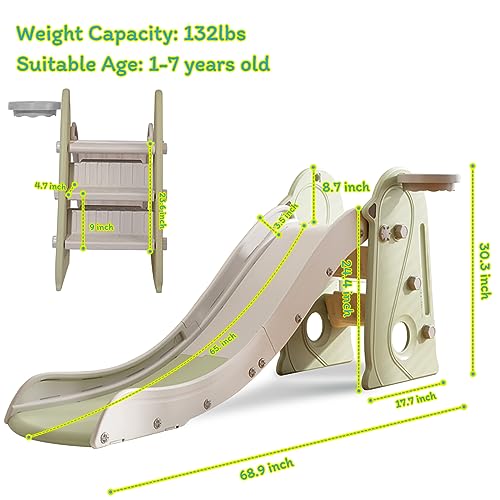 Kid Slide Toddler Slide for Kids with Basketball Hoop, Indoor and Outdoor Backyard Baby Playground, Freestanding Baby Slide Climber Playset Toys, Toddlers Age 2-7 Green