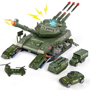 covtoy military toy tank set for kids, military transport tank and 6pcs army vehicles, tank & vehicle playset with 3 sound and launcher, birthday gift for boys 3-5 years old