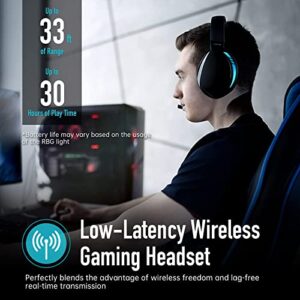 Wireless Gaming Headphones for All Kinds of Games, 30 Hours Playtime, Low Latency, Over-Ear Noise Cancelling Bluetooth Gaming Headphones with Dual Microphones, 3D Surround Sound, RGB Lighting