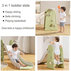 Kid Slide Toddler Slide for Kids with Basketball Hoop, Indoor and Outdoor Backyard Baby Playground, Freestanding Baby Slide Climber Playset Toys, Toddlers Age 2-7 Green