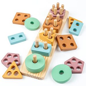 montessori toys for 1 year old baby boy girl, wooden blocks & stacking toys for toddler, color recognition shape sorter educational wooden toys for kids 1 2 3 4 year old preschool learning puzzle gift