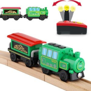 Battery Operated Locomotive Train Set for Wooden Train Tracks,Powerful Engine Train Vehicles Train Electric Remote Control Cars with Light&Sound Train Toy Gift for Kids Toddler