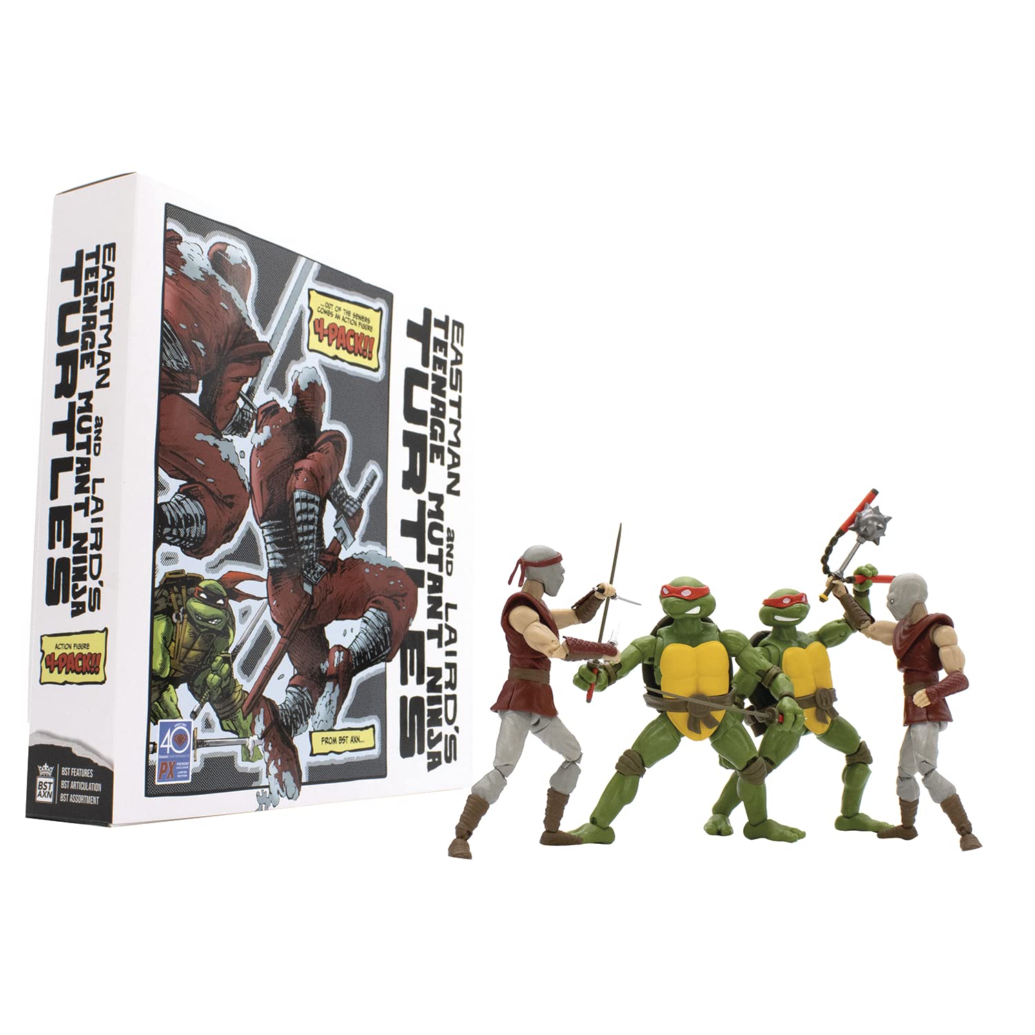 THE LOYAL SUBJECTS Teenage Mutant Ninja Turtles BST AXN Foot Soldiers and Michelangelo + Leonardo Comic Inspired Combo 4-Pack – Diamond PX 40th Anniversary Exclusive (BATMNTMRG4PK02)