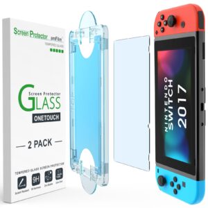 amfilm onetouch screen protector designed for nintendo switch 2017 - with auto alignment kit, bubble free, glass, 2 pack