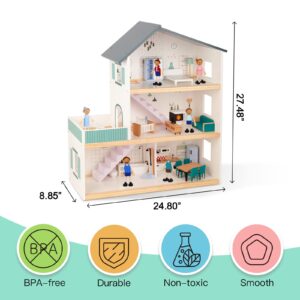 TOOKYLAND Wooden Dollhouse for Kids Doll House with Simulated Luxury Furniture Set Preschool Dollhouse Playset for Girls Toddlers Gifts