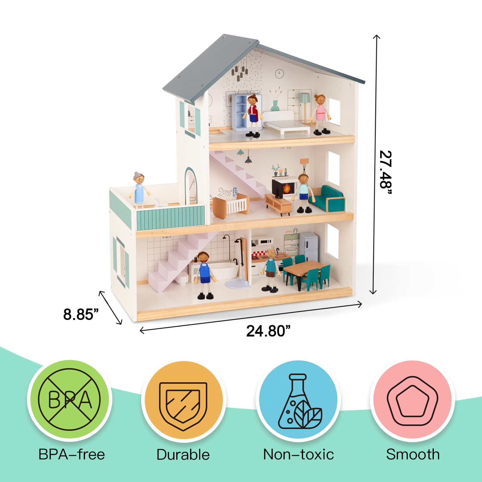 TOOKYLAND Wooden Dollhouse for Kids Doll House with Simulated Luxury Furniture Set Preschool Dollhouse Playset for Girls Toddlers Gifts