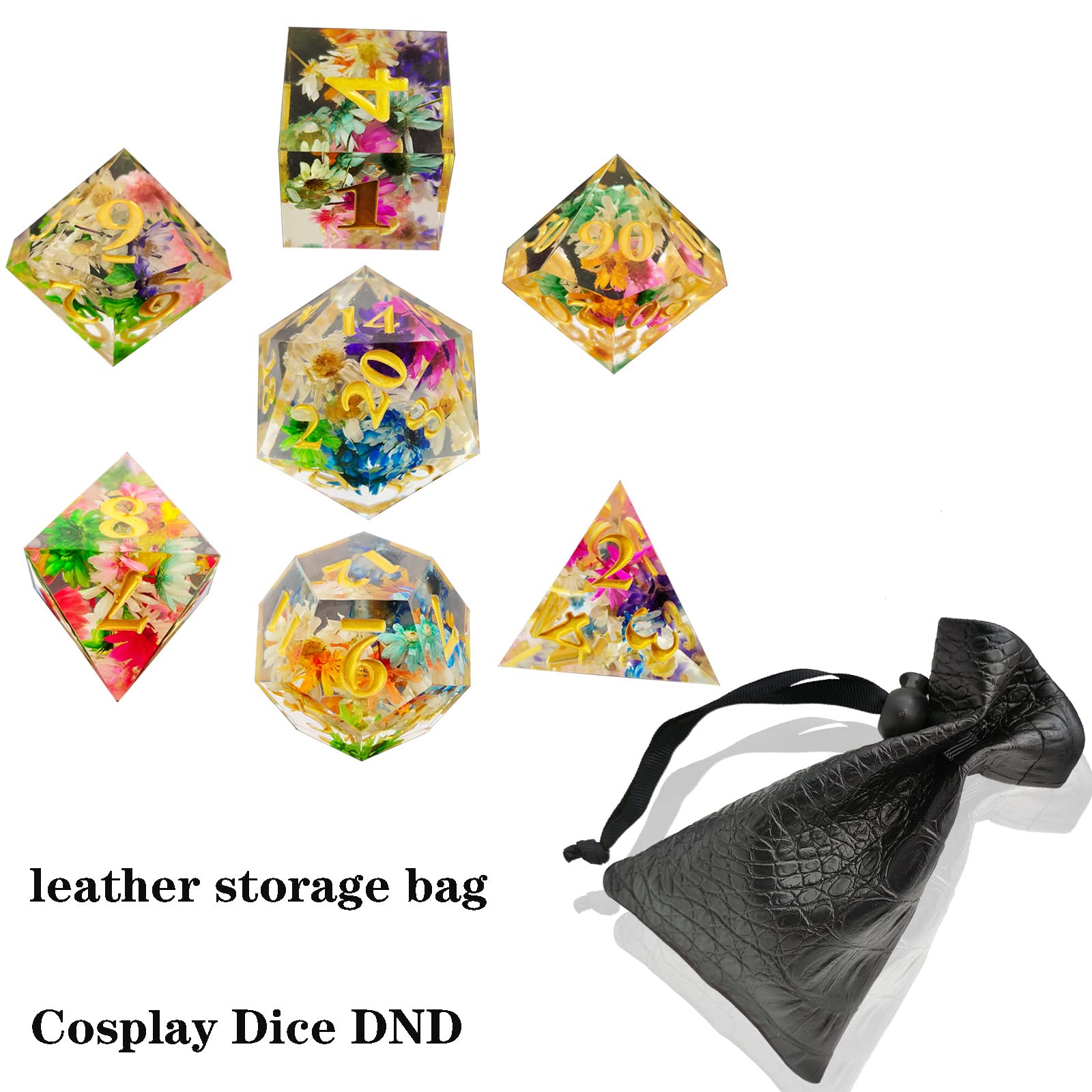 WZLHJRAR DND Dice Set - 7pcs D&D Dungeons and Dragons RPG Polyhedron with Sharp Edges Resin Dice MTG Pathfinder Tabletop Game Collection and Gifts D20 Black Storage Bag - Flower