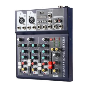 dj mixers 4 channel audio mixer sound board with bluetooth, usb audio interface with 48v phantom power sounds mixer board with fx reverb delay effect for streaming