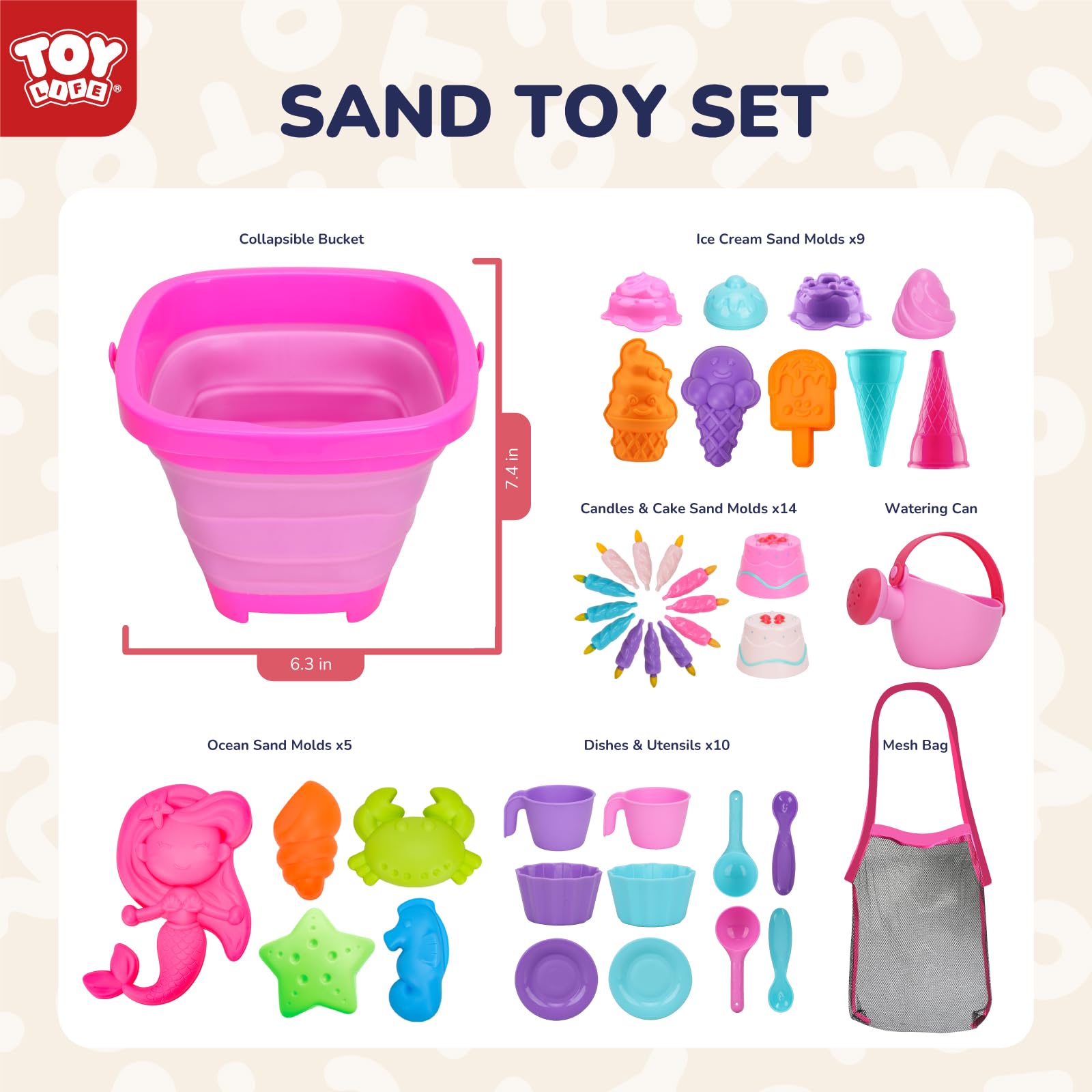 TOY Life Beach Toys, Sand Toys, Sandbox Toys, Beach Toys for Toddlers 1-3, Beach Toys for Kids Ages 4-8, Sand Bucket, Baby Beach Toys, Sand Castle Building Kit, Beach Bucket, Summer Toys