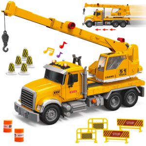 crane fire truck toy truck set - kids construction crane truck w/ extending arm, rotation, various props and buttons + sounds & lights - toy crane truck for boys age 4-7, girls, 3 years old+