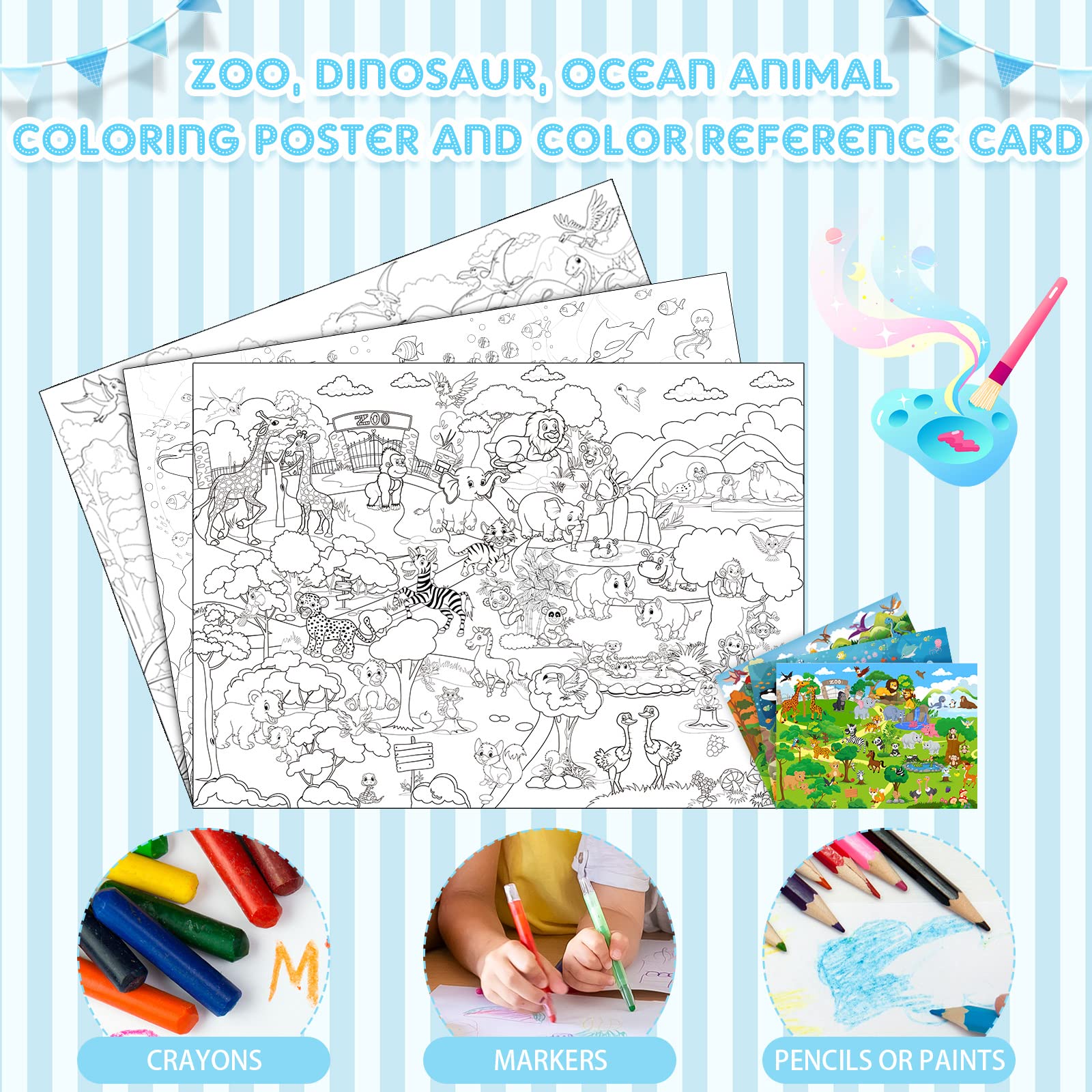 Set of 3 Jumbo Giant Coloring Poster, 45 x 32 Inch Large Table Wall Sheets with Zoo Animal, Ocean Creature, Dinosaur Theme Big Huge 16 Pages Fun Coloring Activities Kids Gift