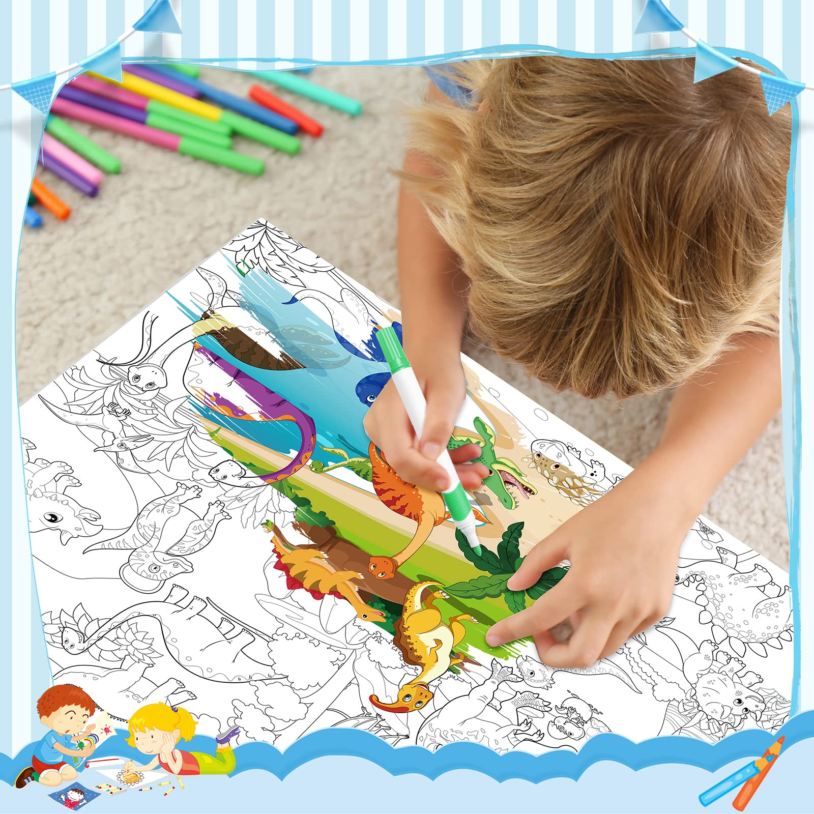 Set of 3 Jumbo Giant Coloring Poster, 45 x 32 Inch Large Table Wall Sheets with Zoo Animal, Ocean Creature, Dinosaur Theme Big Huge 16 Pages Fun Coloring Activities Kids Gift