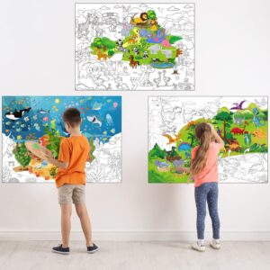 set of 3 jumbo giant coloring poster, 45 x 32 inch large table wall sheets with zoo animal, ocean creature, dinosaur theme big huge 16 pages fun coloring activities kids gift