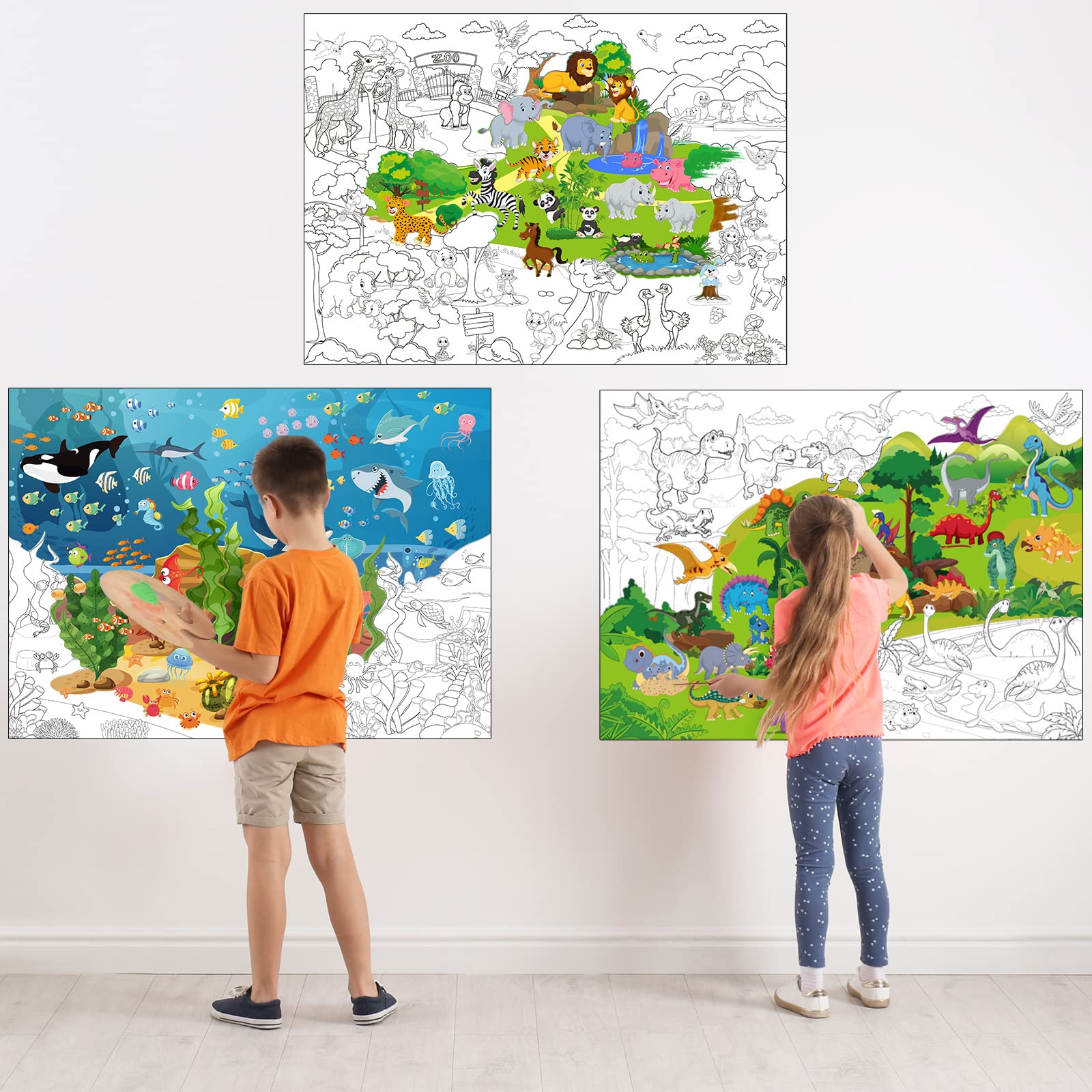 Set of 3 Jumbo Giant Coloring Poster, 45 x 32 Inch Large Table Wall Sheets with Zoo Animal, Ocean Creature, Dinosaur Theme Big Huge 16 Pages Fun Coloring Activities Kids Gift