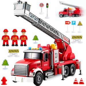 fire truck toy set for kids - fire engine truck with water spraying hose, rotating ladder + 3 fireman firefighters, road signs, lights & sounds – toy fire truck for boys age 4-7, girls 3 years old+