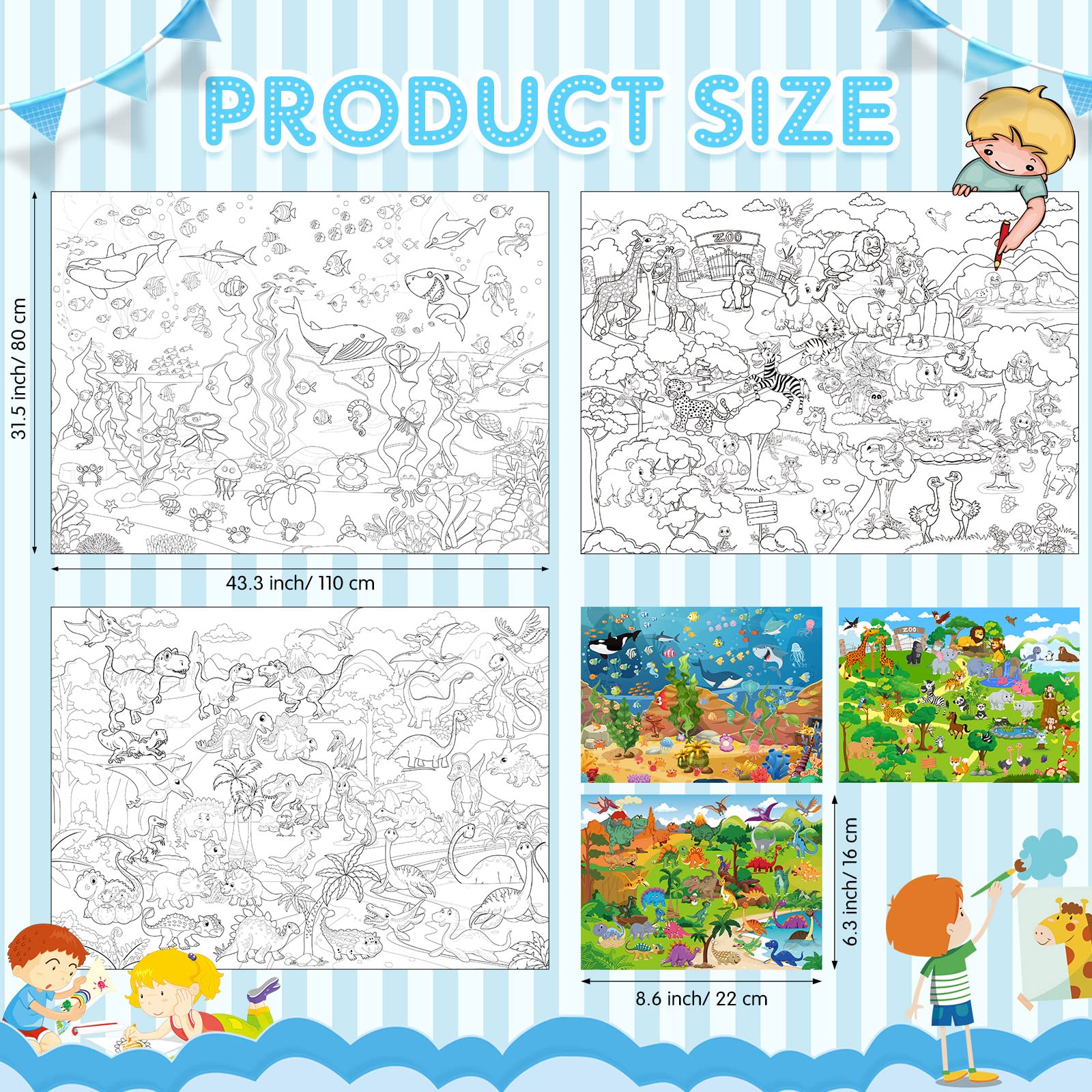 Set of 3 Jumbo Giant Coloring Poster, 45 x 32 Inch Large Table Wall Sheets with Zoo Animal, Ocean Creature, Dinosaur Theme Big Huge 16 Pages Fun Coloring Activities Kids Gift