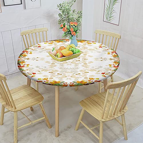 XISUNYA Thanksgiving Round Fitted Tablecloth with Elastic Edge, Fall Colors Ladybug Maple Leaf Woods Pine Nuts Berries Print XXLarge Polyester Table Cover, Fit Round Tables up 65"-71" Diameter