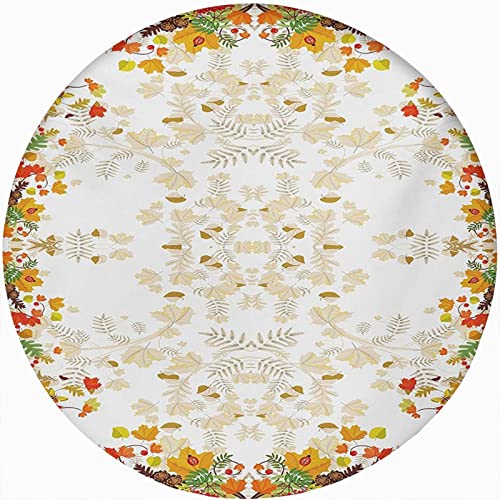 XISUNYA Thanksgiving Round Fitted Tablecloth with Elastic Edge, Fall Colors Ladybug Maple Leaf Woods Pine Nuts Berries Print XXLarge Polyester Table Cover, Fit Round Tables up 65"-71" Diameter