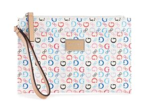 guess women's pastel rainbow logo large zip wristlet wallet clutch bag - white multi